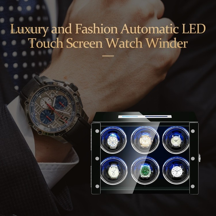 Six Automatic Watch Winder With LCD Touch Screen in Black & Red Interior